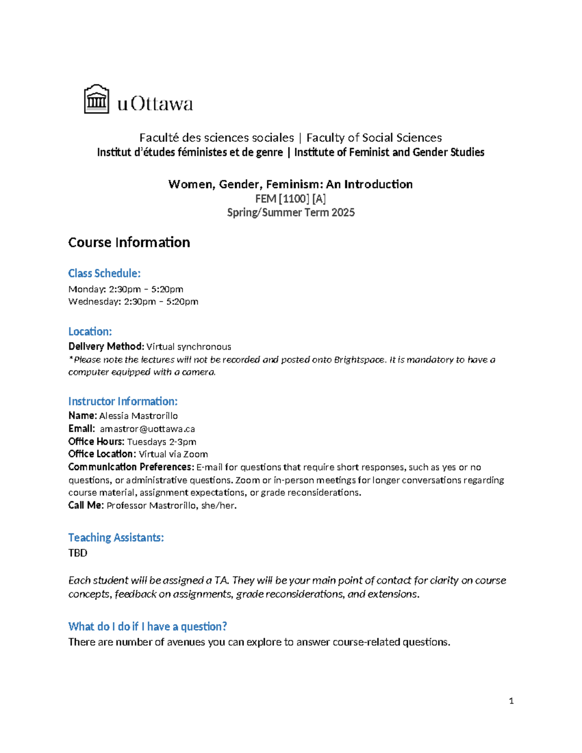 FEM 1100 Syllabus - Women, Gender, and Feminism Intro (Summer 2025 ...