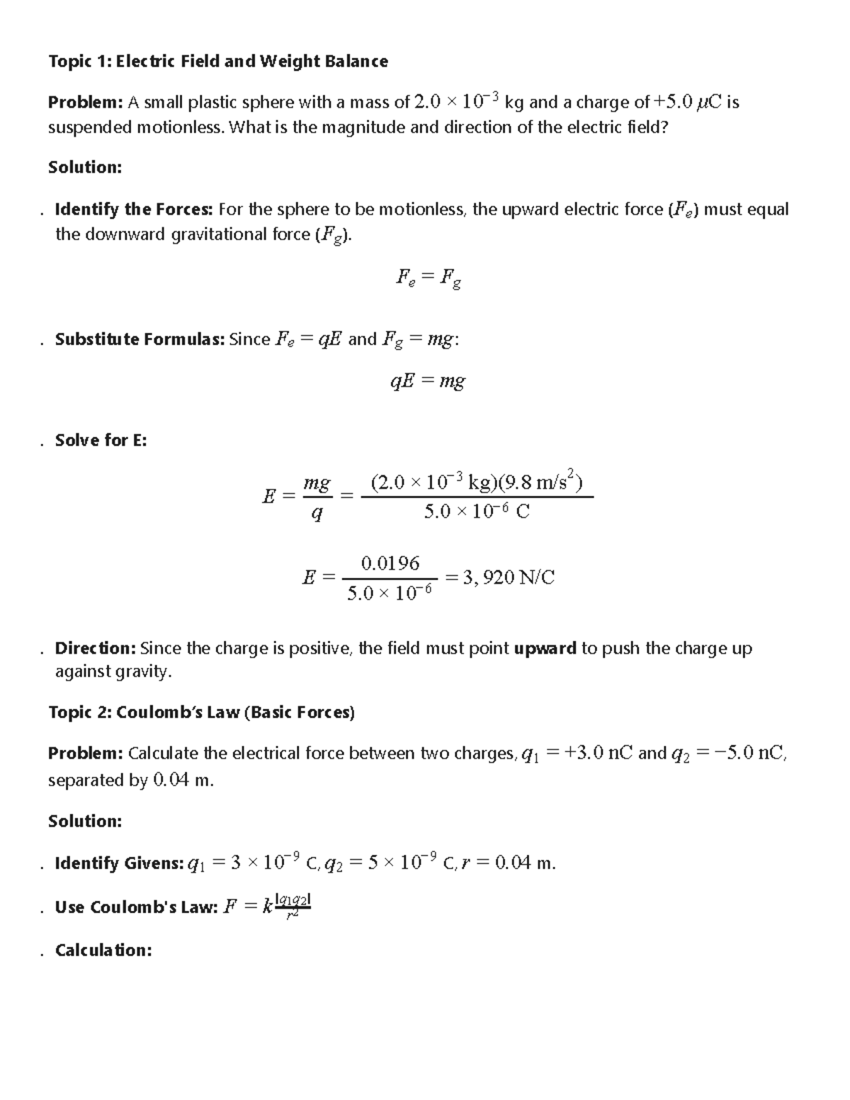 Physics 101: Example Problems on Electric Fields & Forces - Studocu