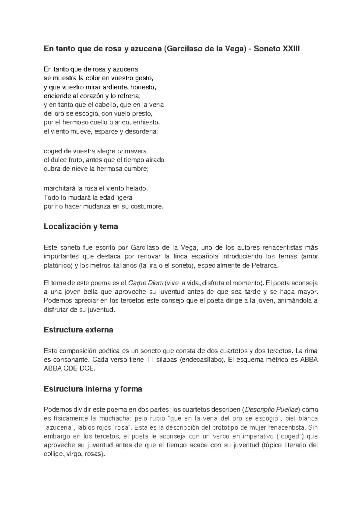 1. Garcilaso. En tanto que de rosa y azucena (Soneto Xxiii) - En tanto ...