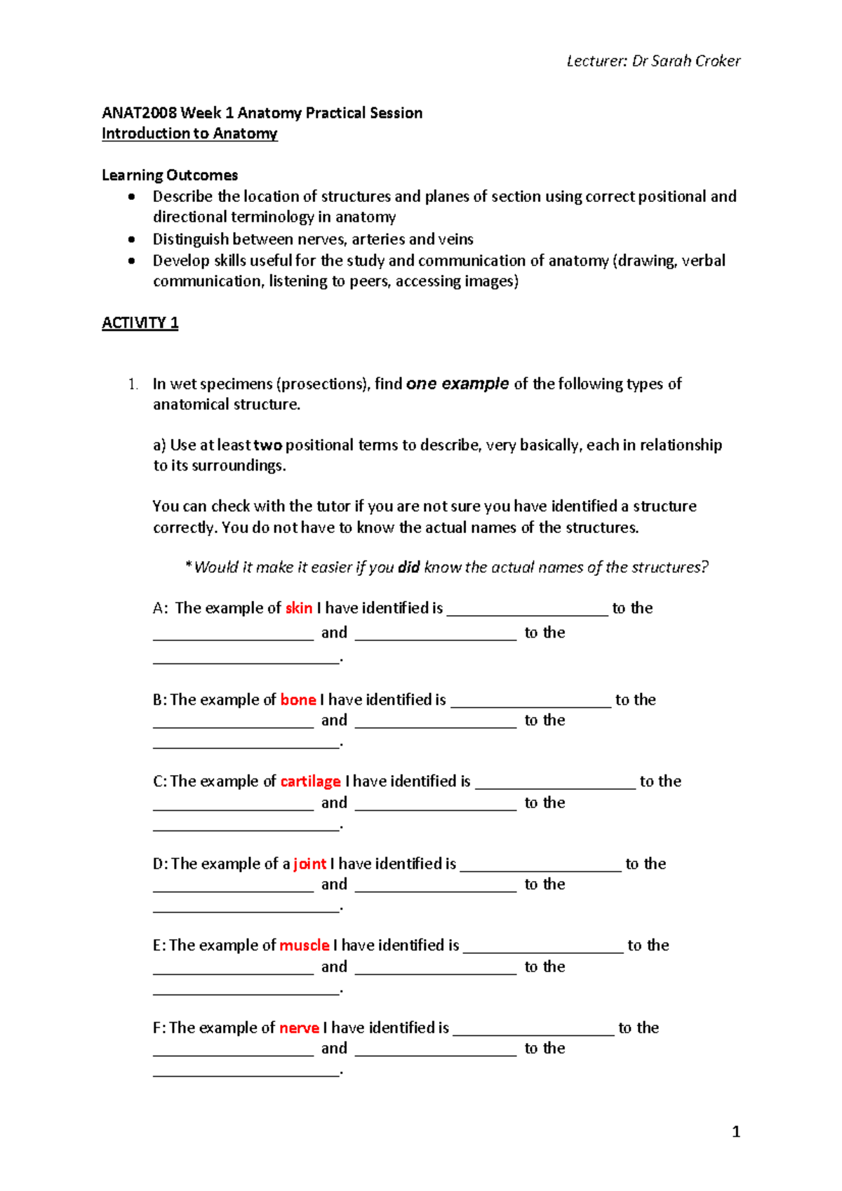 ANAT20 08 Week 1 Anatomy Practical Session Notes and Activities - Studocu