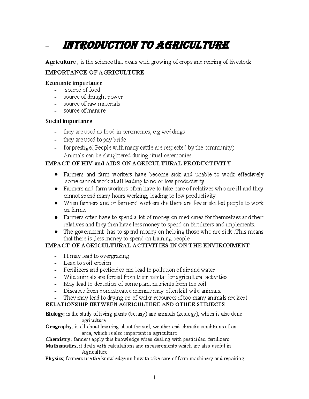 Agric Notes for Forms 1-3: Key Concepts and Importance in Farming - Studocu