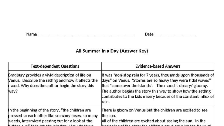 ENG 101: All Summer in a Day - Answer Key & Analysis Questions - Studocu