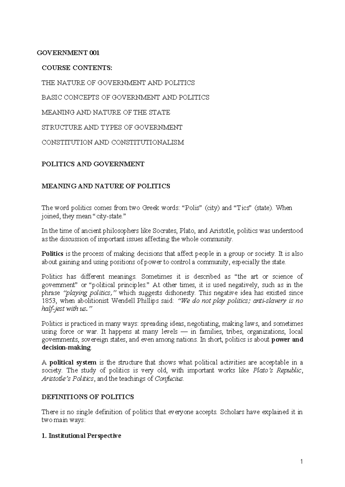 GOVERNMENT 001: Understanding the Nature of Government and Politics ...