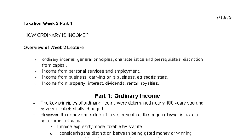 TAX LAW WEEK 2: Overview of Ordinary Income Principles and Categories ...