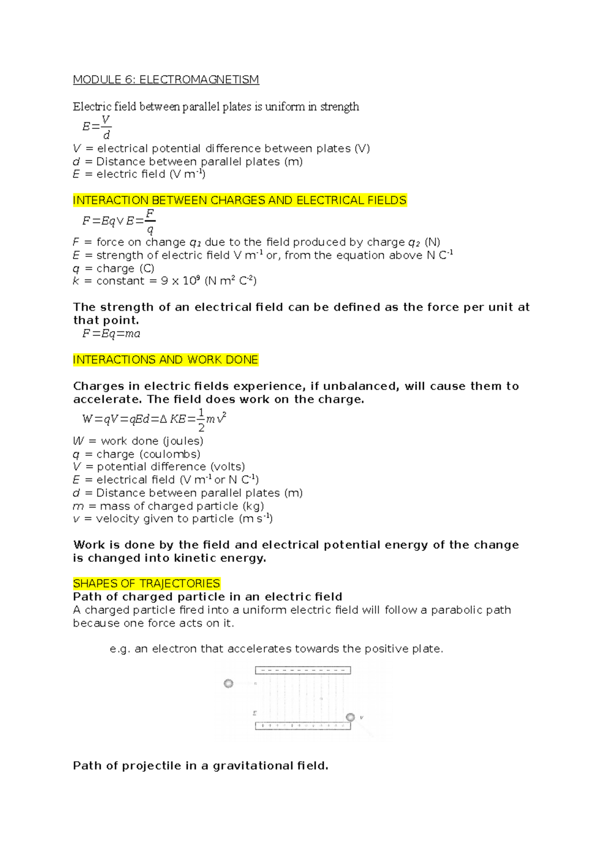 Module 6 - Physics Notes - MODULE 6: ELECTROMAGNETISM Electric field ...