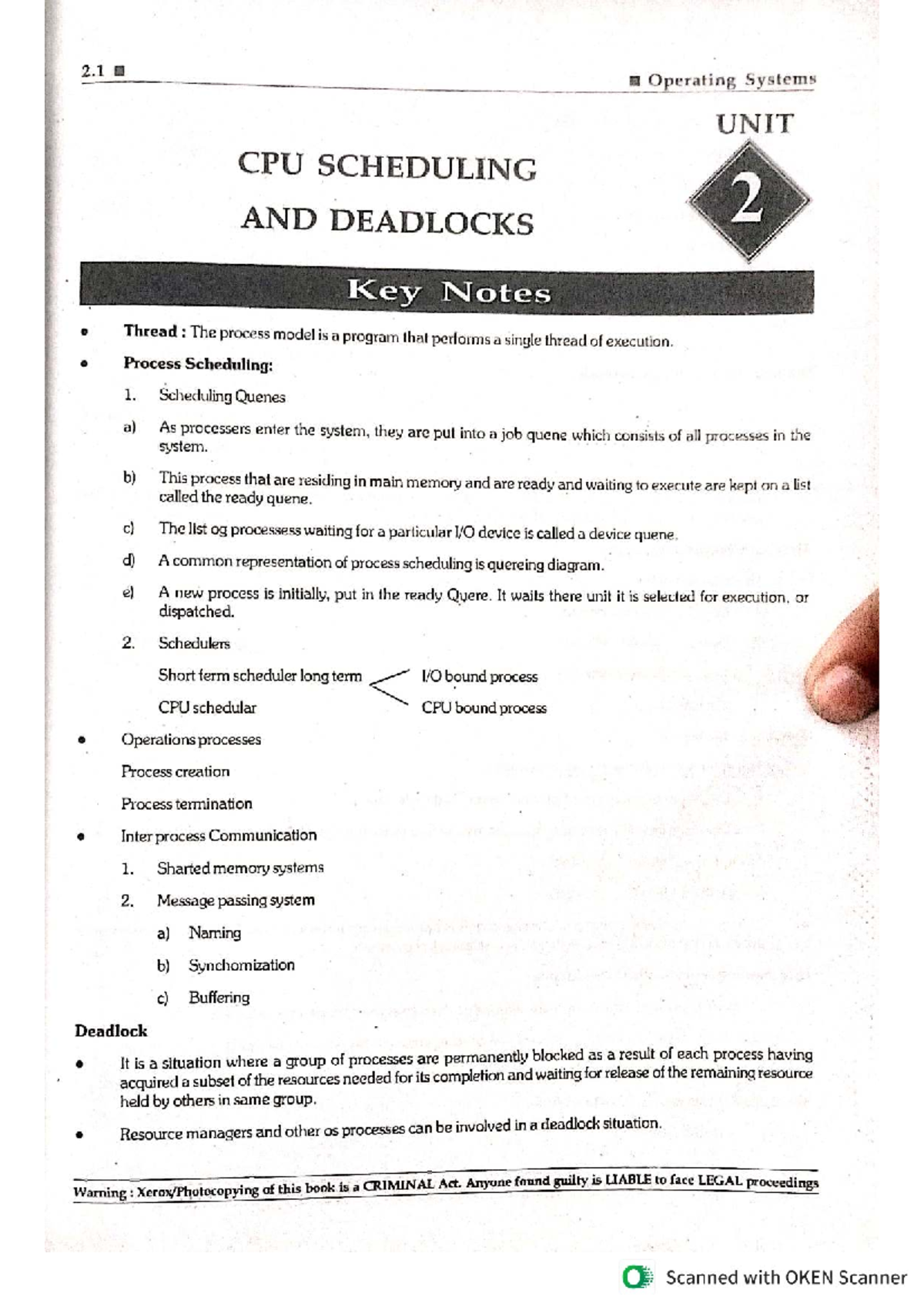 Operating Systems UNIT-2: CPU Scheduling and Deadlocks Overview - Studocu