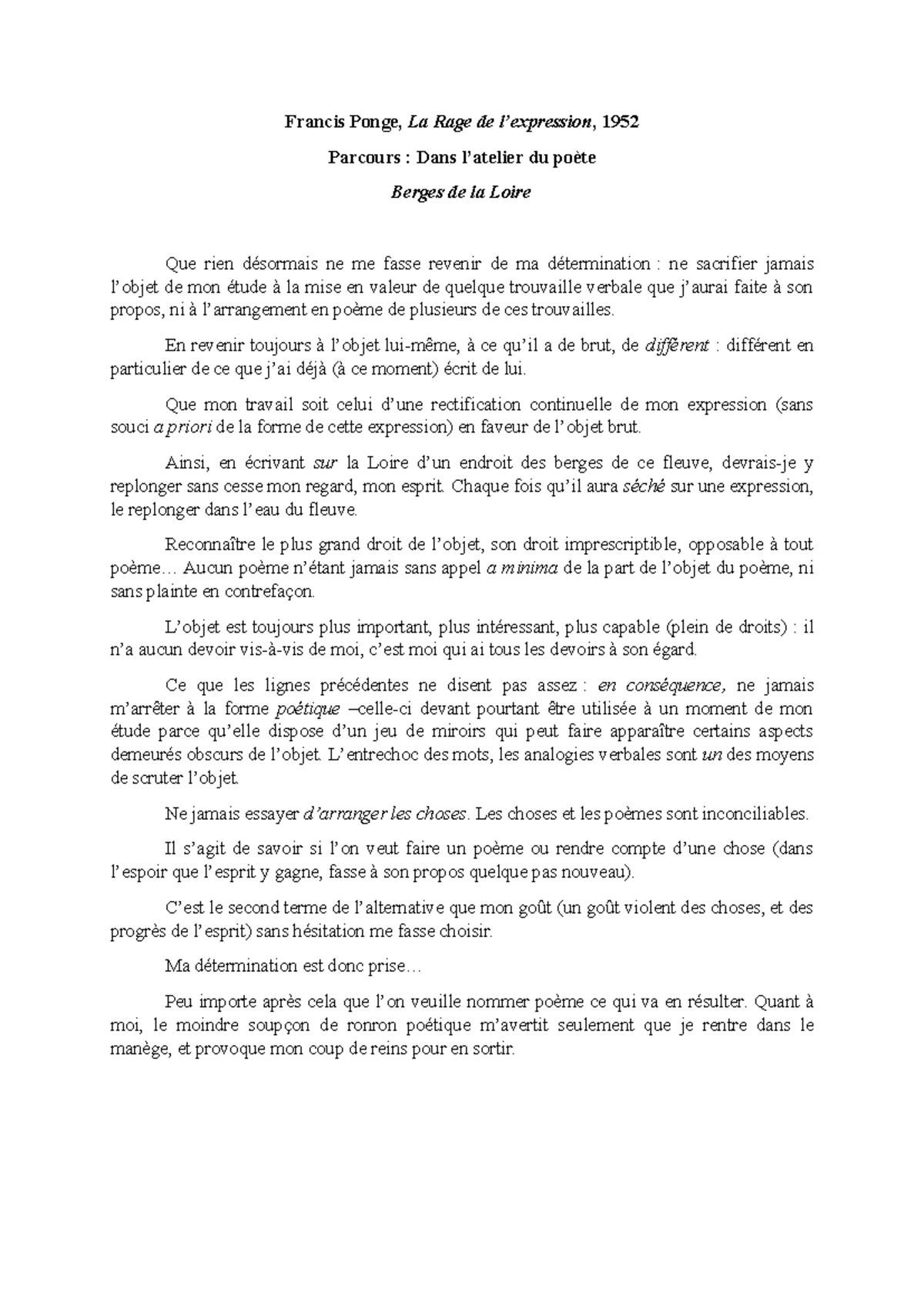 Étude sur Francis Ponge : La Rage de l’expression - Berges de la Loire ...