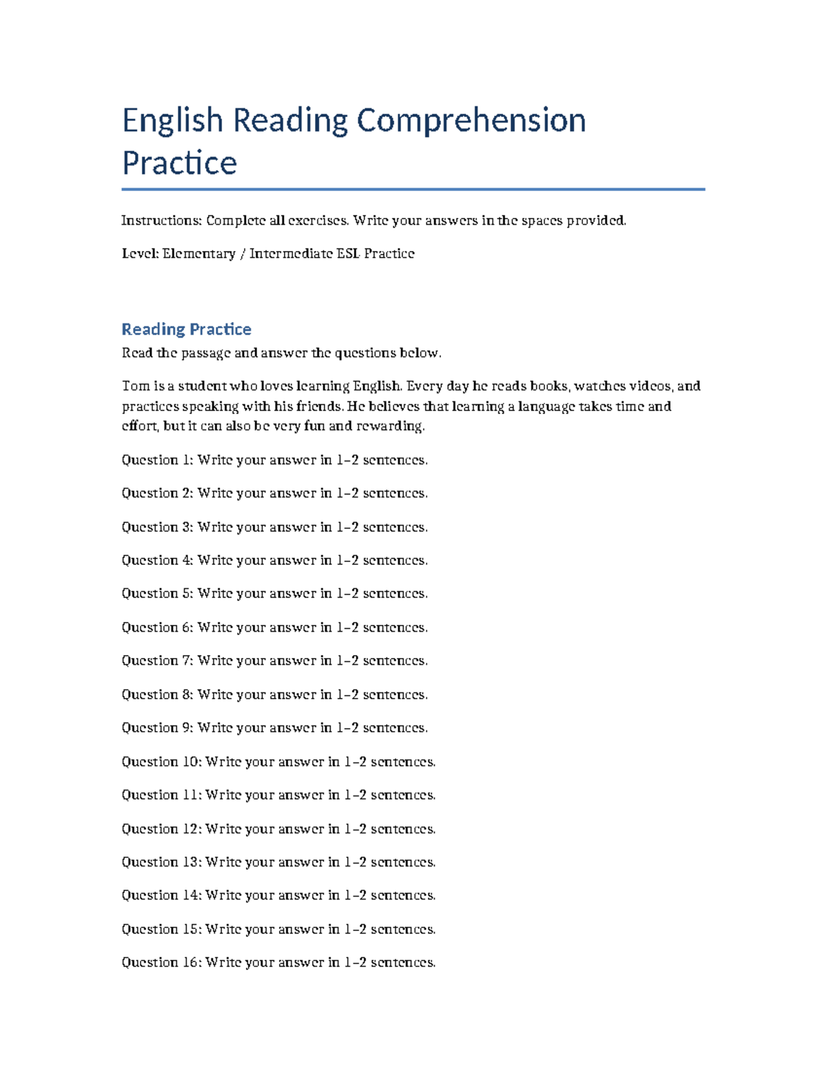 ESL Level 1 Reading Comprehension Exercises (English 101) - Studocu