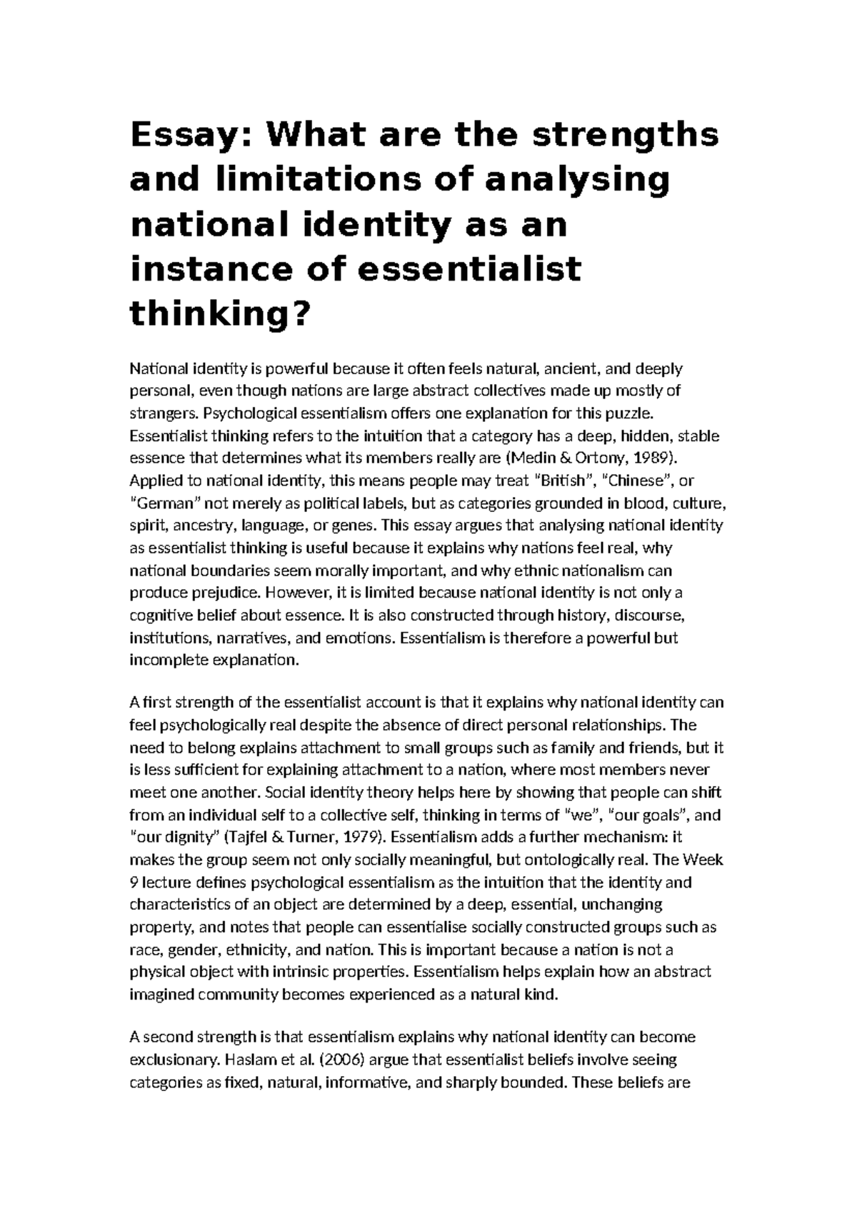 Week 9 Essay: Strengths & Limitations of Essentialist Thinking in ...
