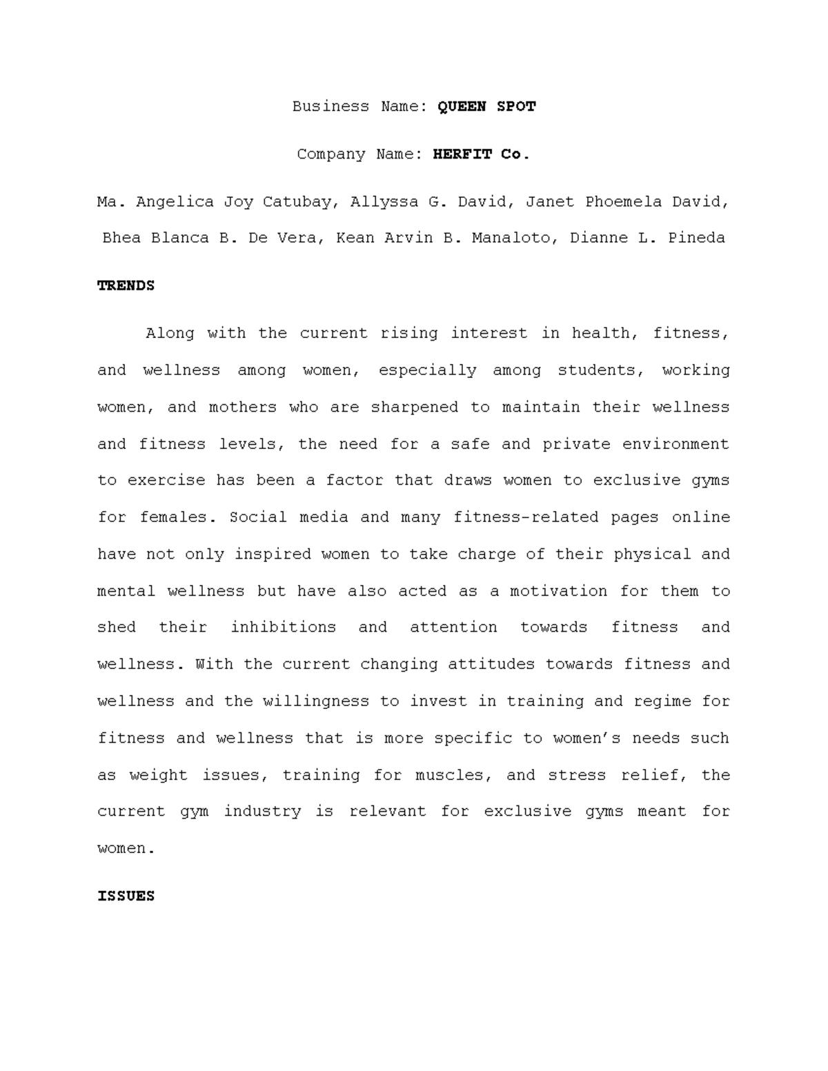 Feasibility Study: Queen Spot Women's Gym (BUS 101) - Studocu