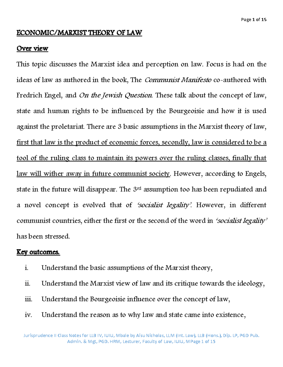 Jurisprudence II Lecture Notes: Marxist Theory of Law - LLB IV IUIU ...