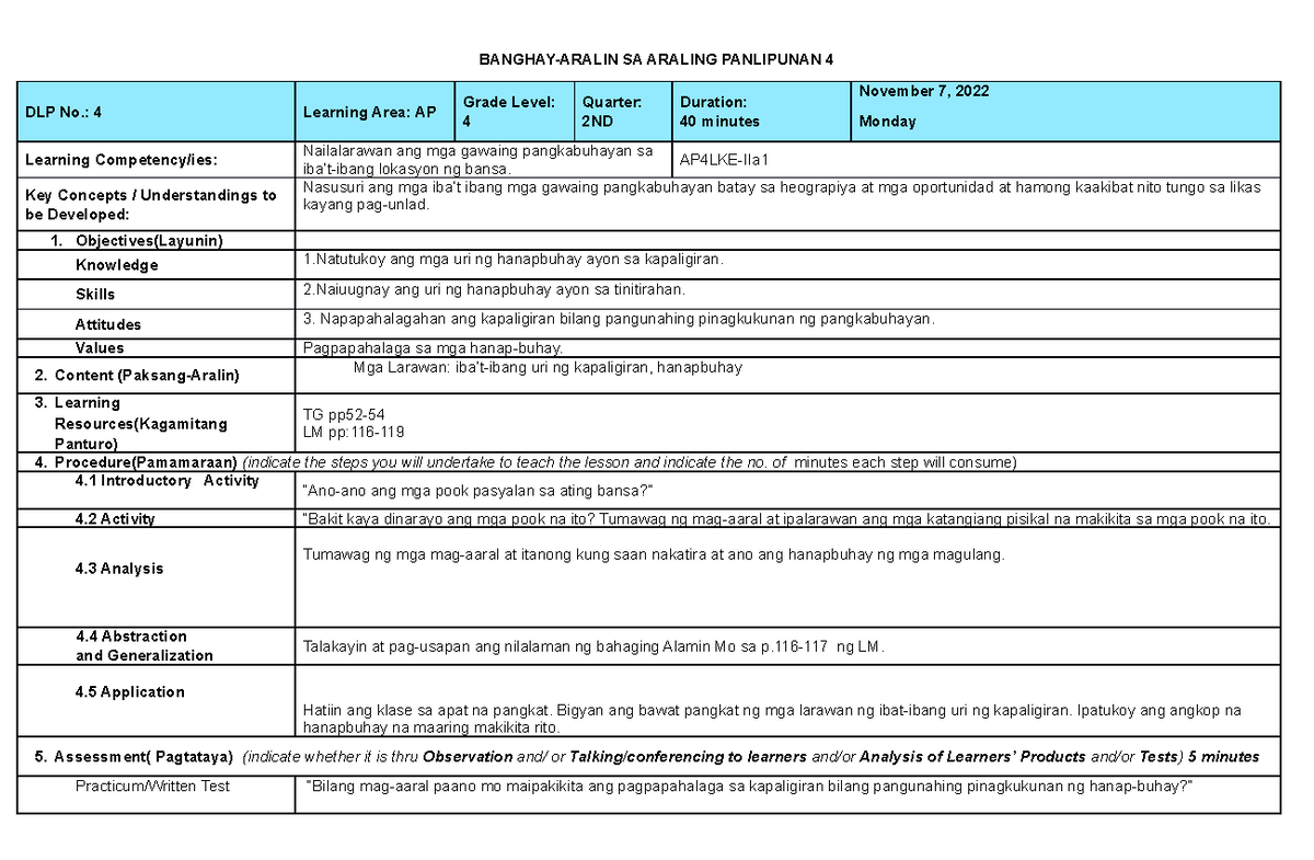 AP Q2 W2 - Comprehensive Banghay-Aralin for Araling Panlipunan 4 - Studocu