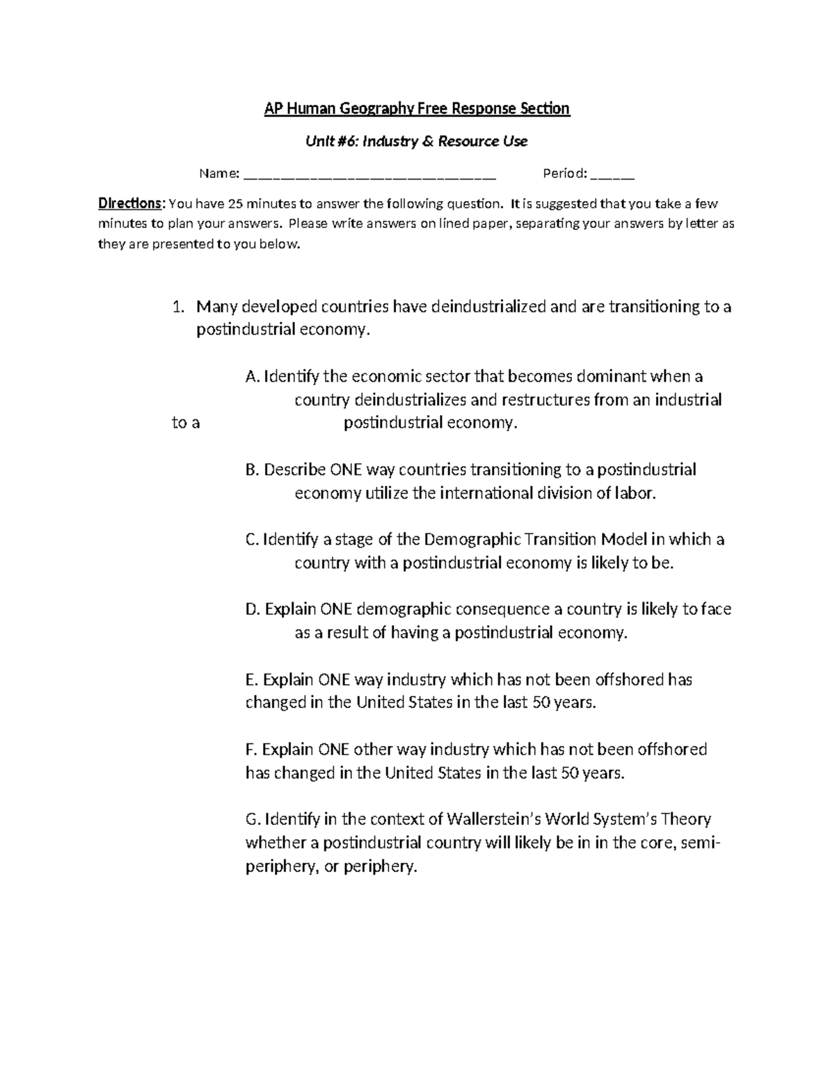 Unit 6 FRQ - Deindustrialization - AP Human Geography Free Response ...