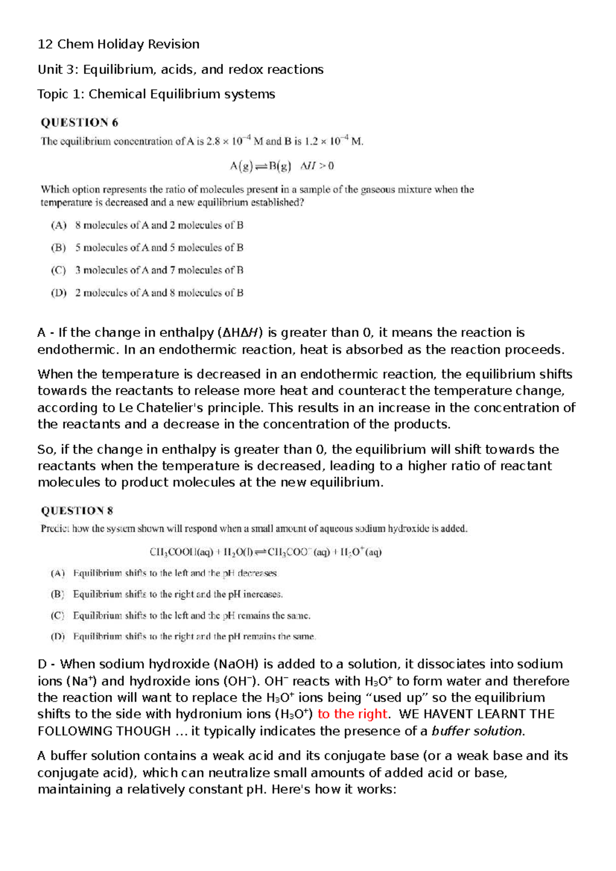 12 Chem Holiday Revision: Unit 3 Equilibrium & Redox Reactions - Studocu