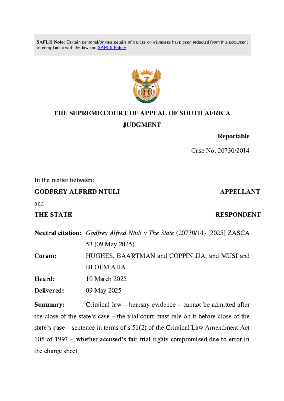 Ntuli v S Case - useful - SAFLII Note: Certain personal/private details ...