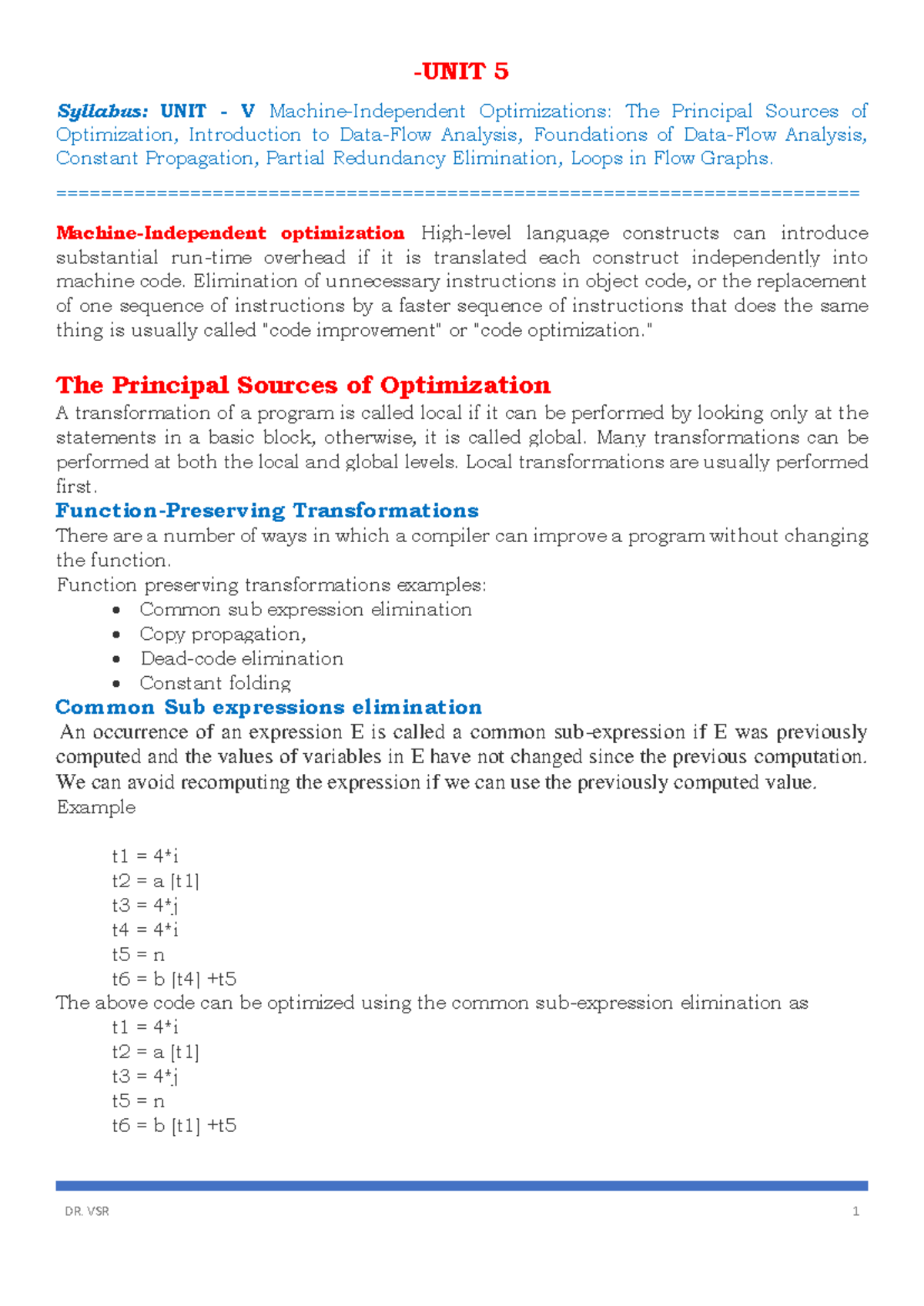 CD 5 Syllabus: UNIT V Optimizations and Analysis Techniques - Studocu