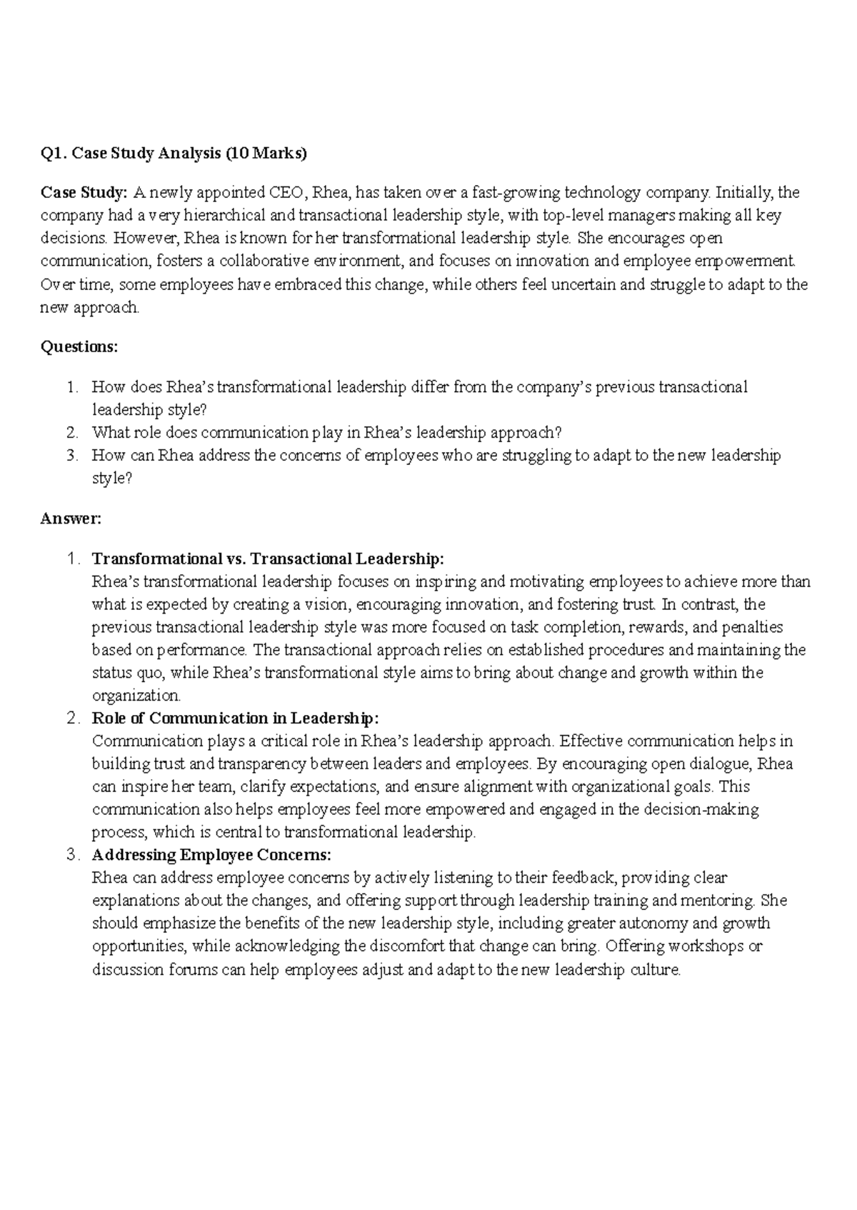 Leadership Management Case Study Analysis: Transformational vs ...