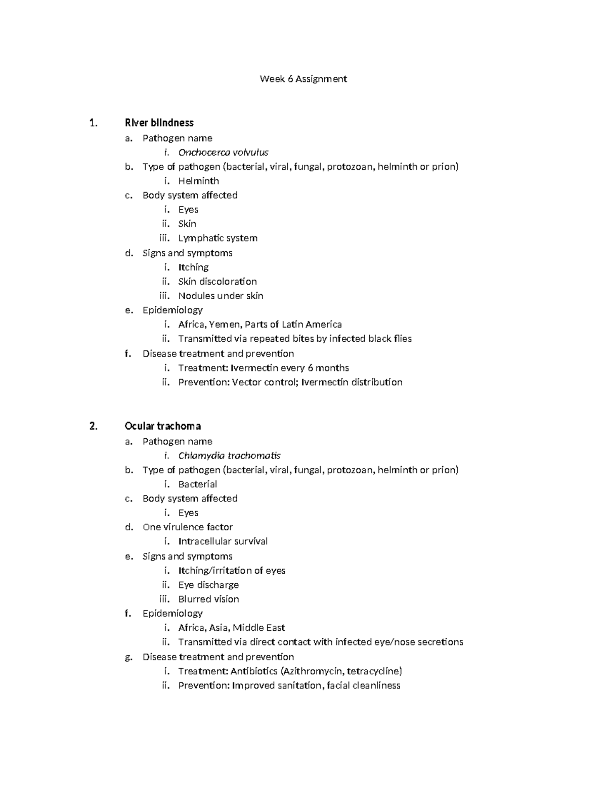 Week 6 Assignment - BIOS242 - Week 6 Assignment River blindness a. Pathogen name i. Onchocerca ...