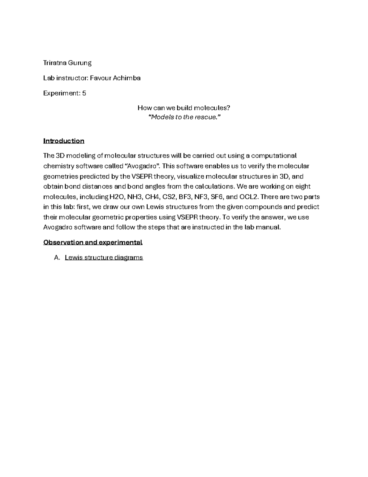Experiment 5 - Molecular Geometry & VSEPR Theory Analysis - Studocu