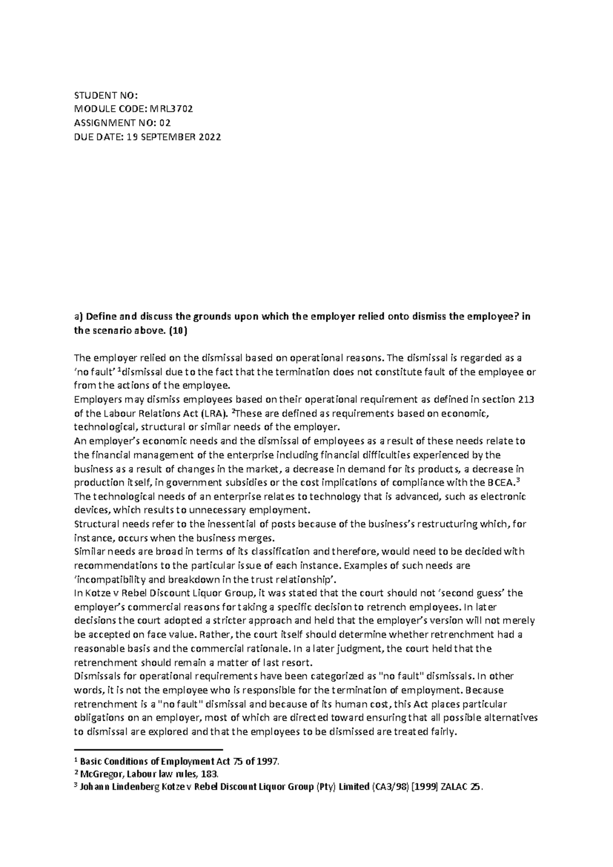Mrl3702 Assignment 2 Analysis Of Dismissal And Retrenchment Grounds