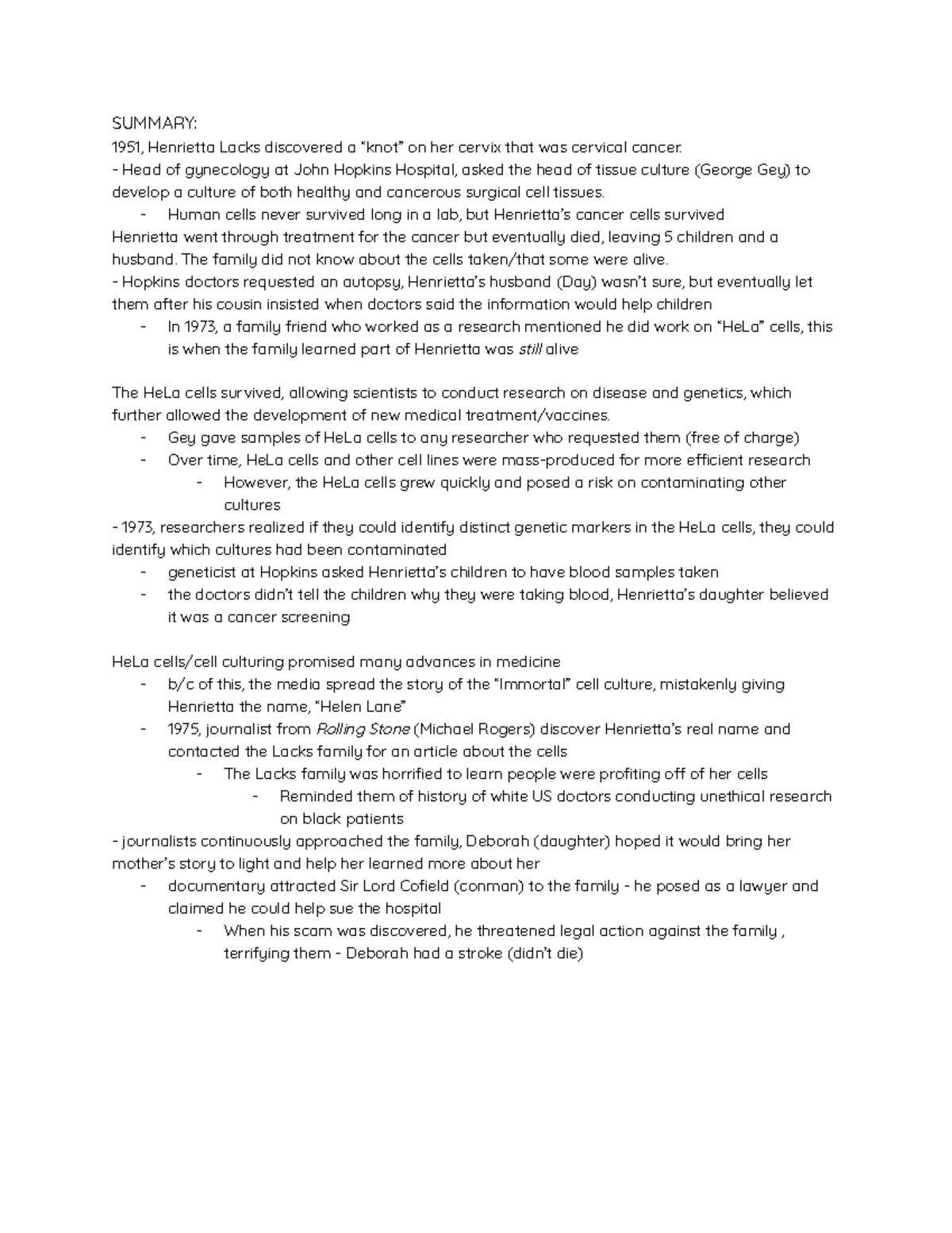 Henrietta Lacks & HeLa Cells: 1951 Report & Legacy Insights - Studocu