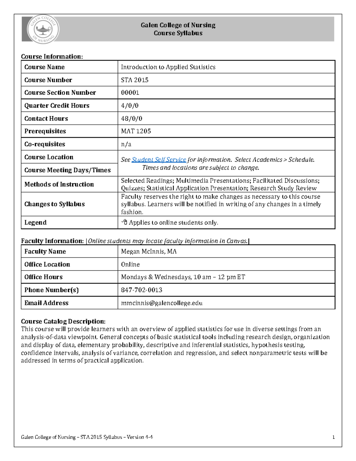 Galen College of Nursing STA 2015 Introduction to Applied Statistics Syllabus - Studocu