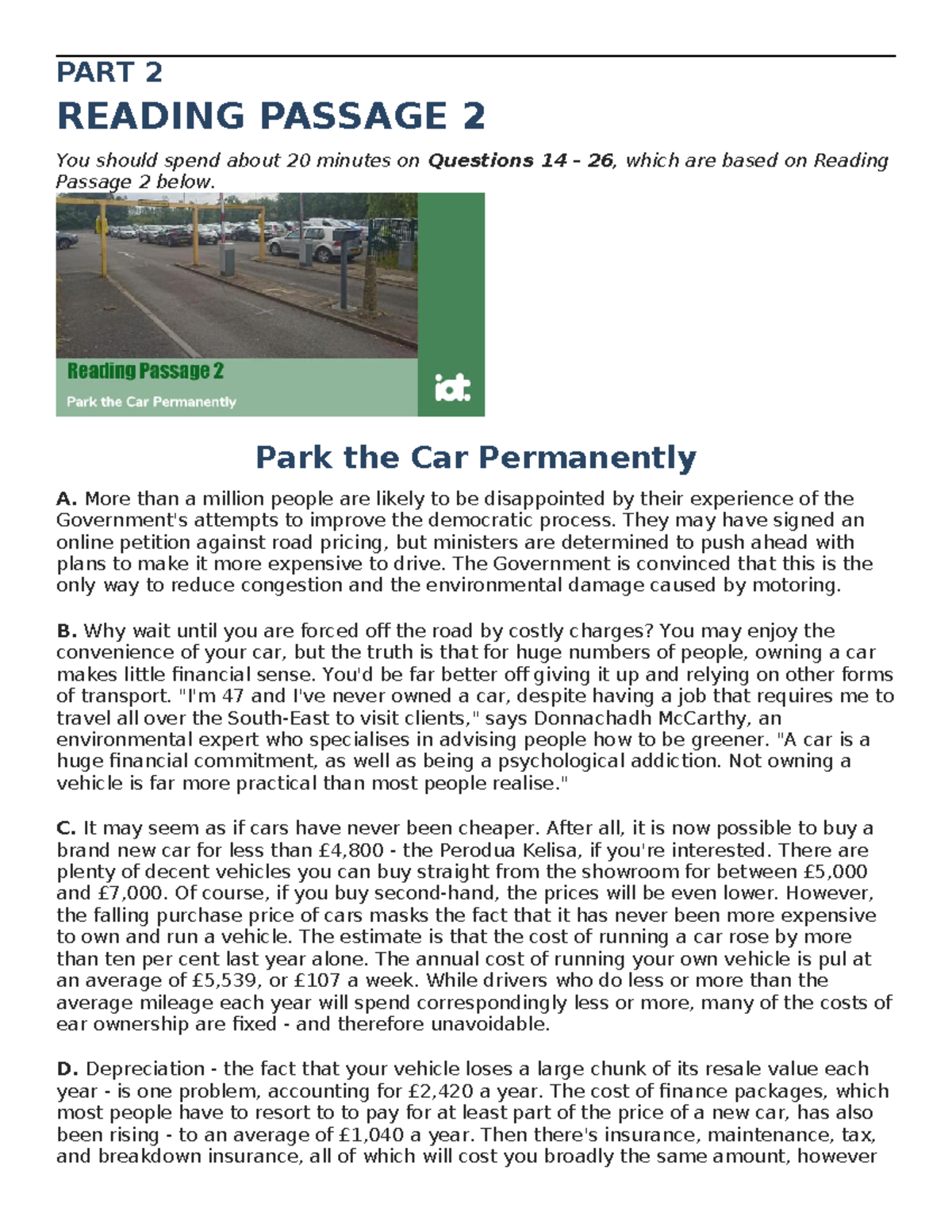 IELTS Reading Passage 2: Park the Car Permanently Analysis - Studocu