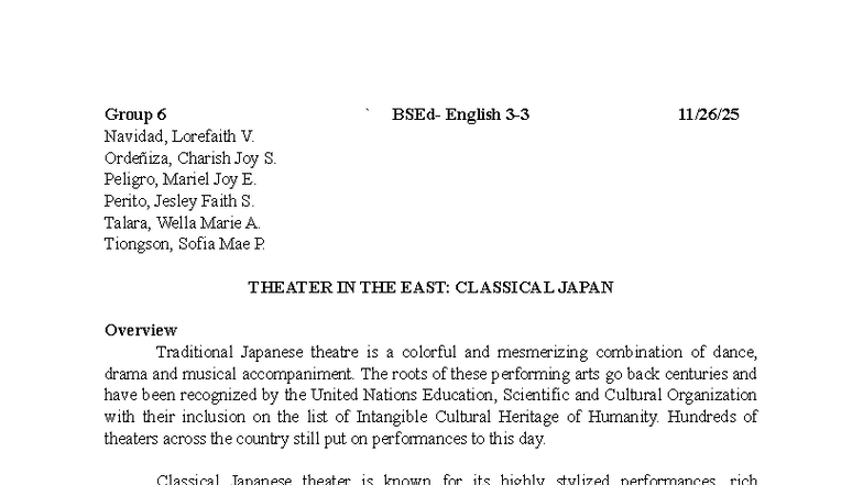 THE CLASSICAL JAPANESE THEATER: AN OVERVIEW (ENG 101) - Studocu