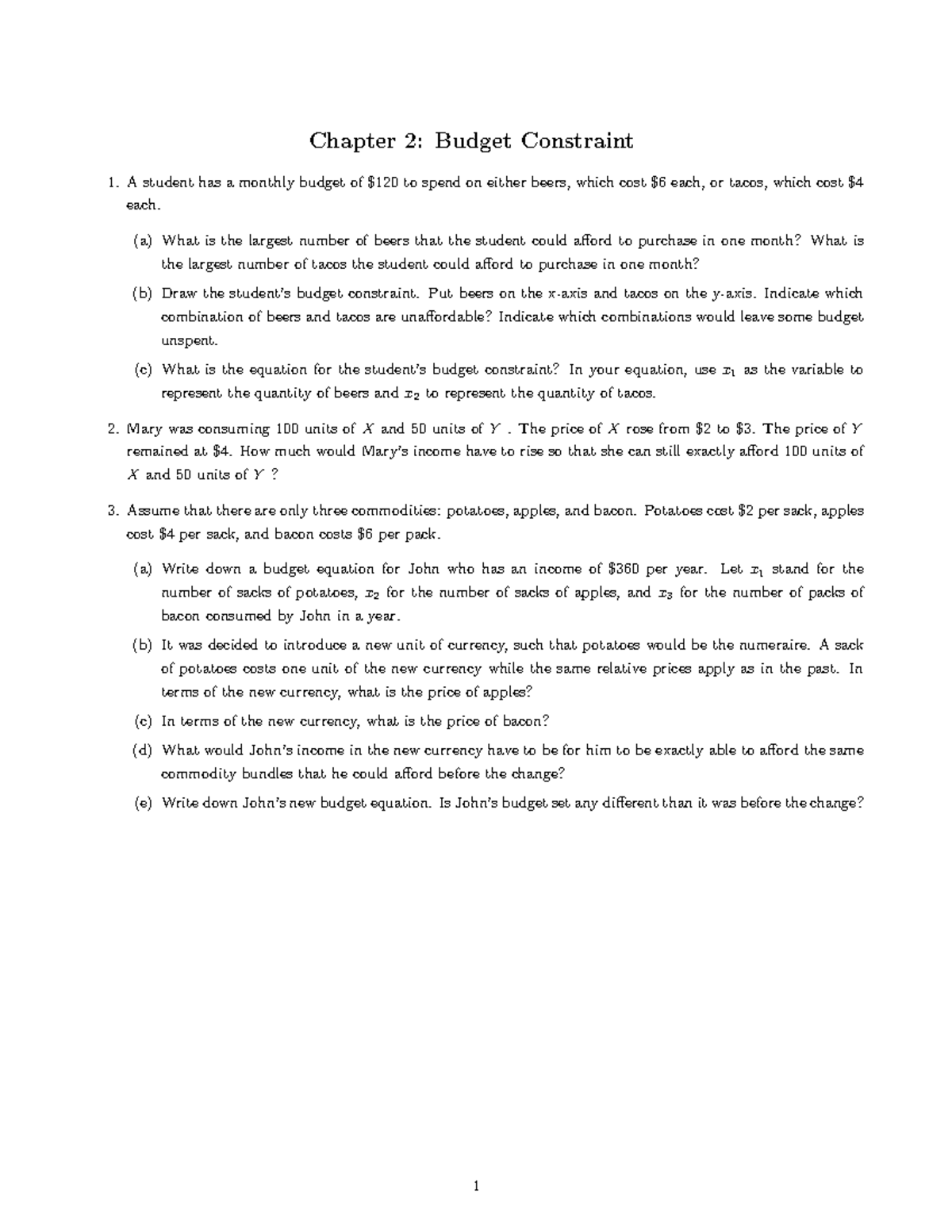 Ch2 Budget Constraint Solutions - Chapter 2: Budget Constraint 1. A ...