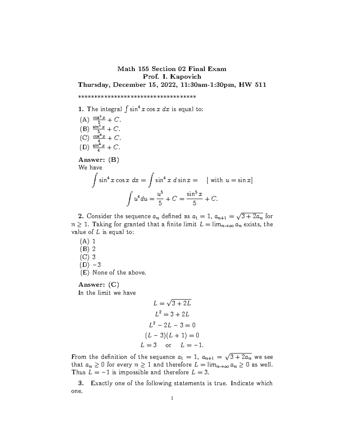 Math 155 Final Exam Solutions with Detailed Explanations - Studocu