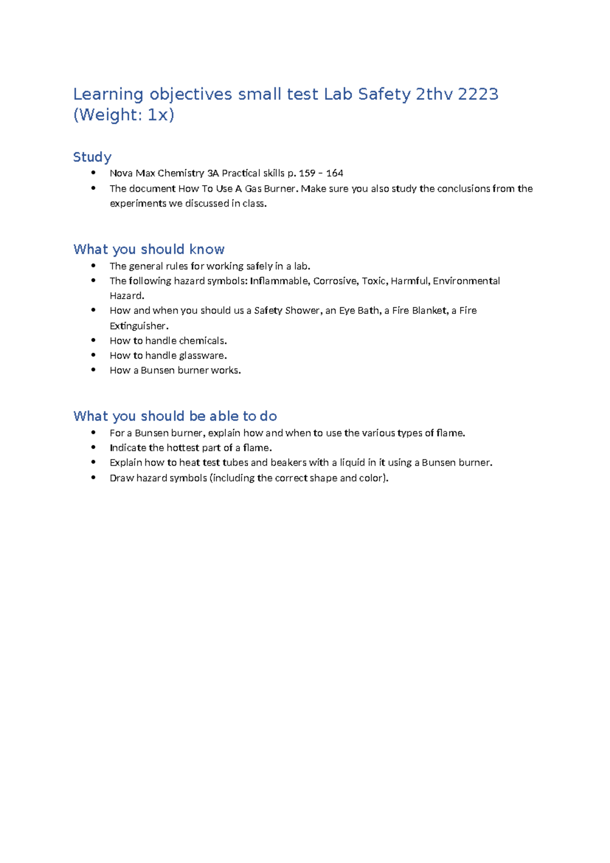 Lab Safety Small Test Learning Objectives 2thv 2223 - Studeersnel