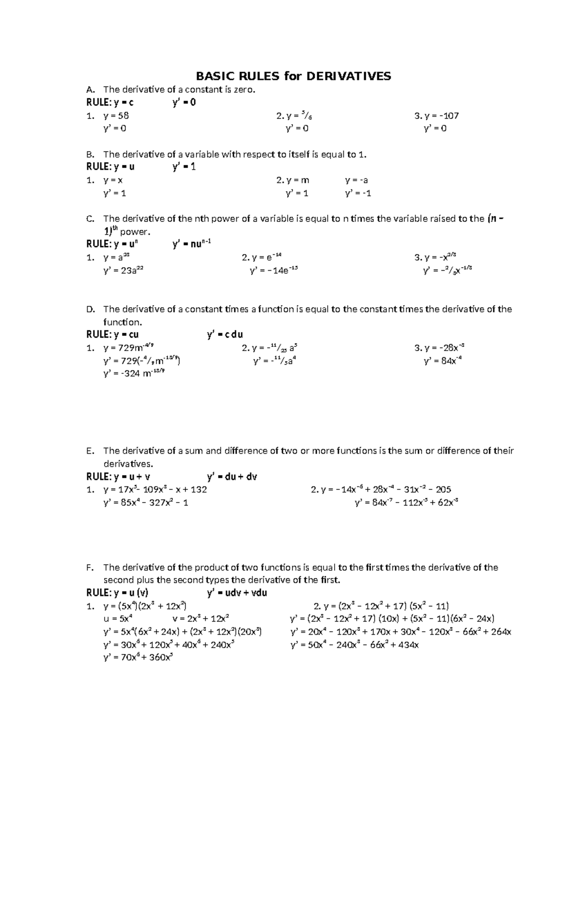 Basic Rules for Derivatives - BASIC RULES for DERIVATIVES A. The ...