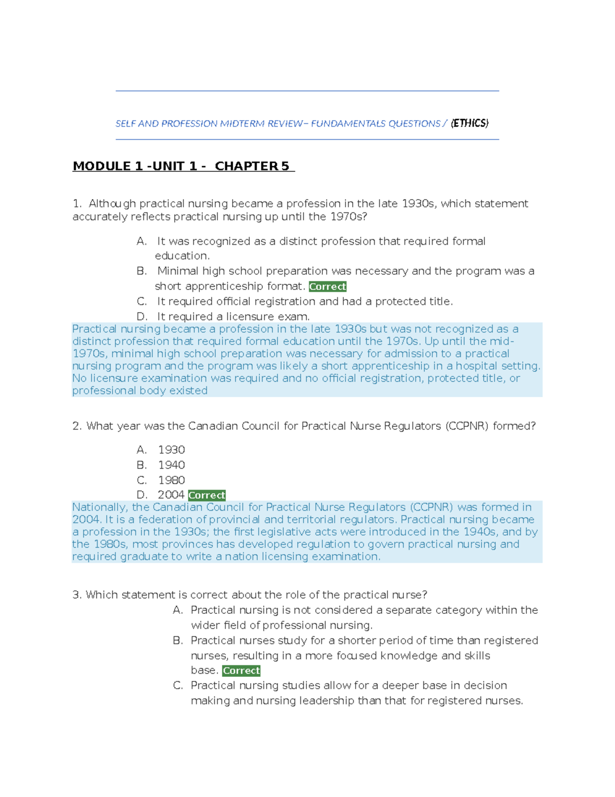 Self and Profession CH Midterm Review Qs: Nursing Fundamentals (ETHICS) - Studocu