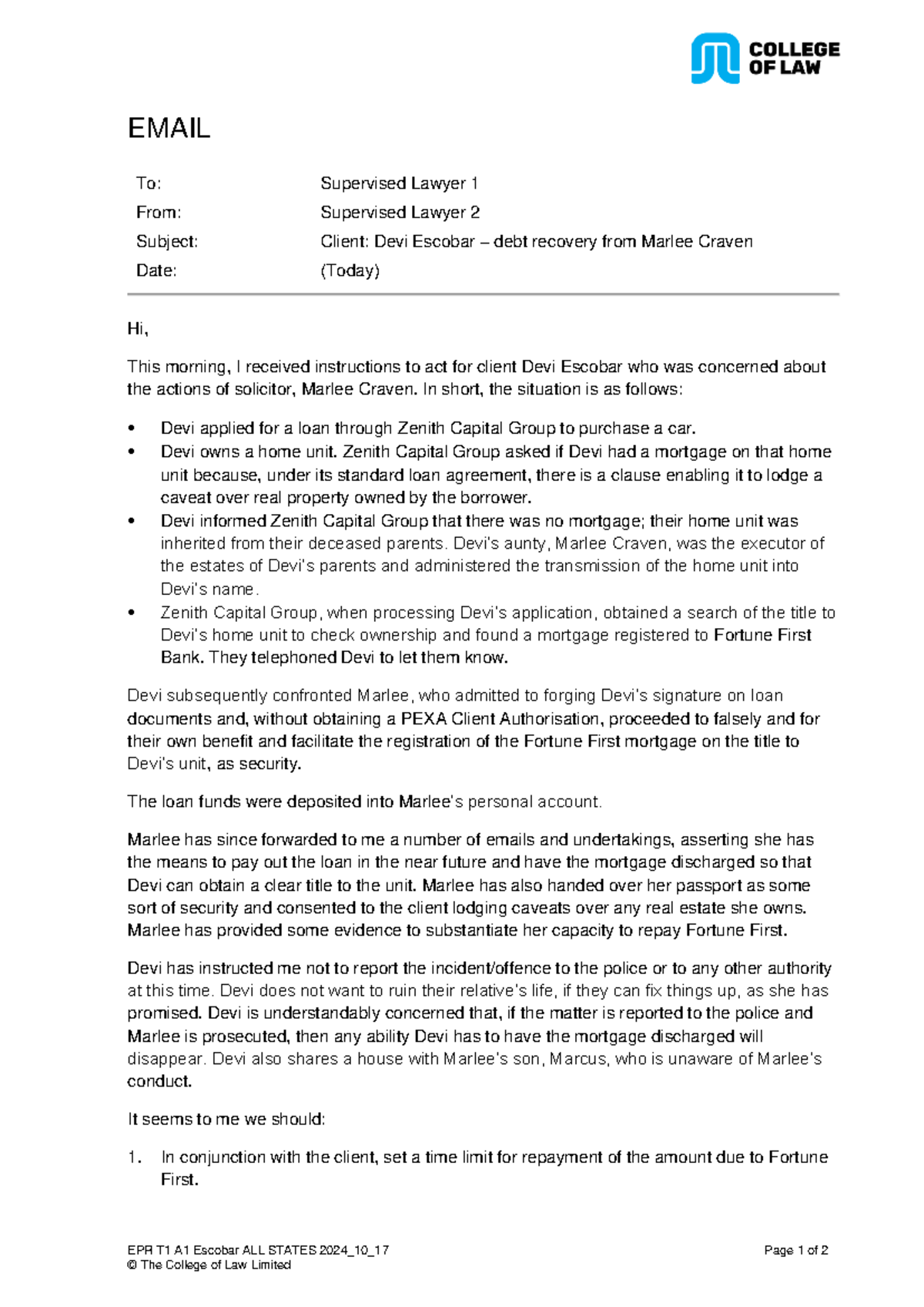EPR T1 A1 Essay Notes: Debt Recovery Case for Devi Escobar (2024) - Studocu