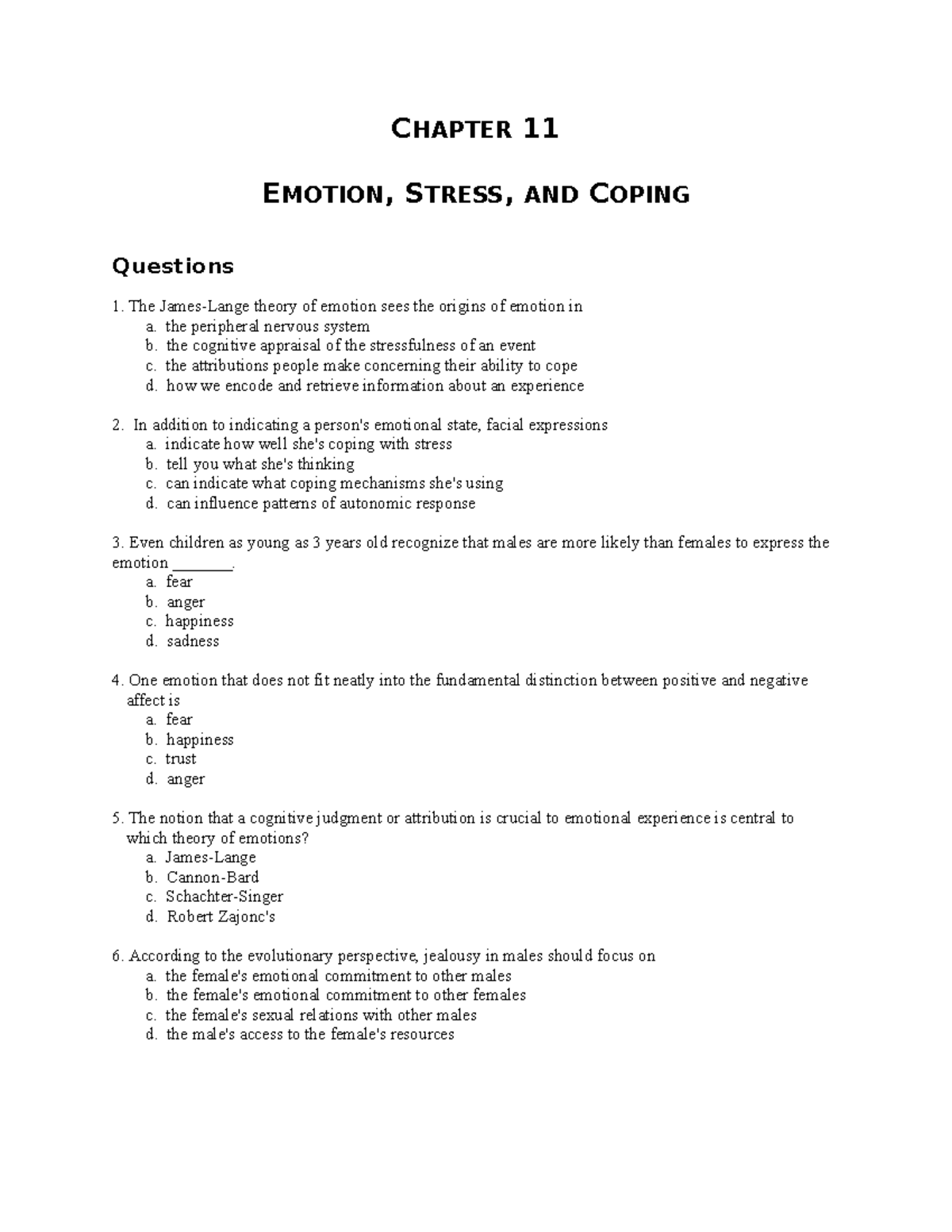 Ch11 Emotion Stress and Coping - CHAPTER 11 EMOTION, STRESS, AND COPING ...
