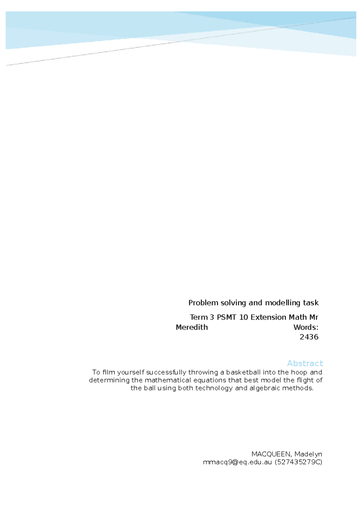 PSMT 10 Term 3 Problem Solving & Modelling Task: Basketball Flight ...