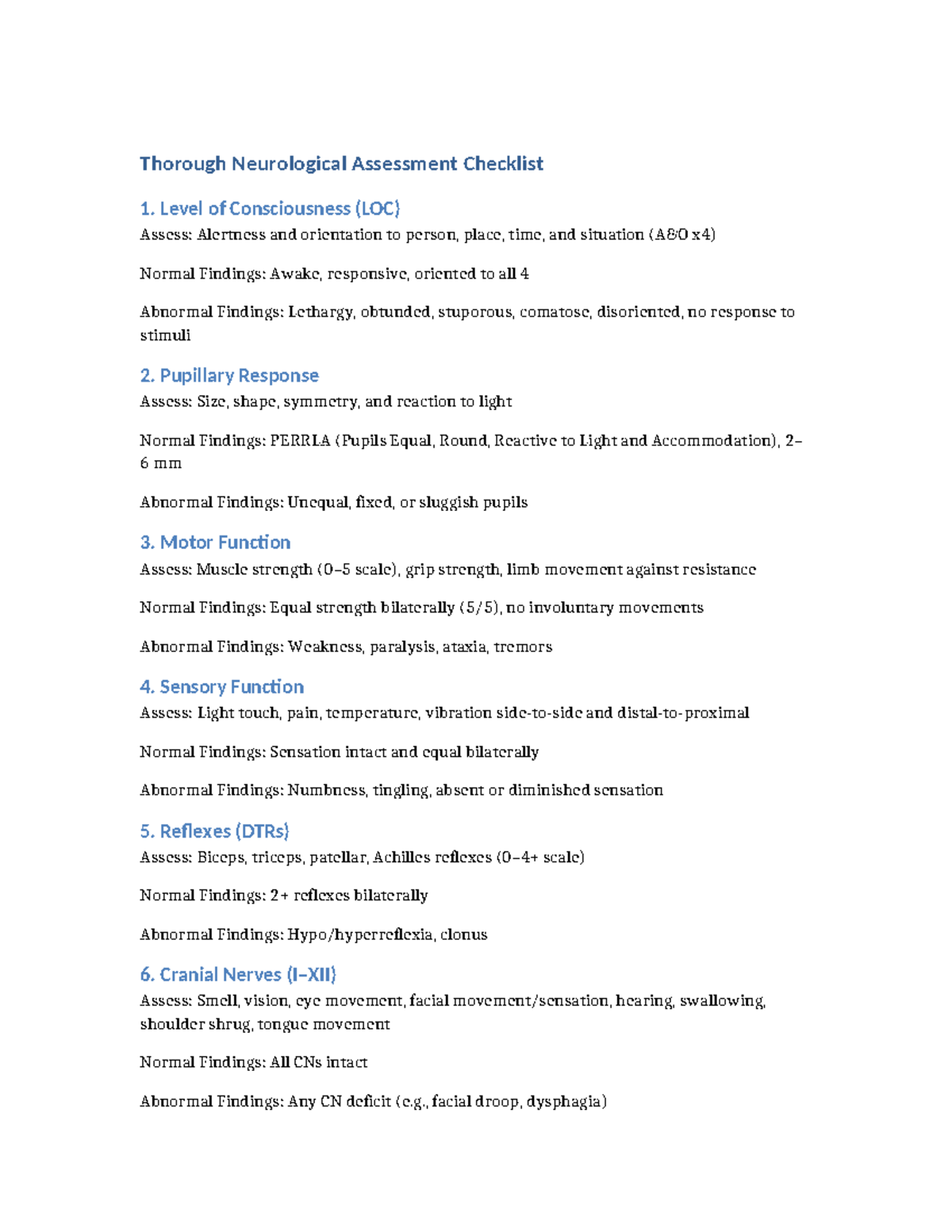Neurological Assessment Checklist for Clinical Evaluation (NUR 101 ...