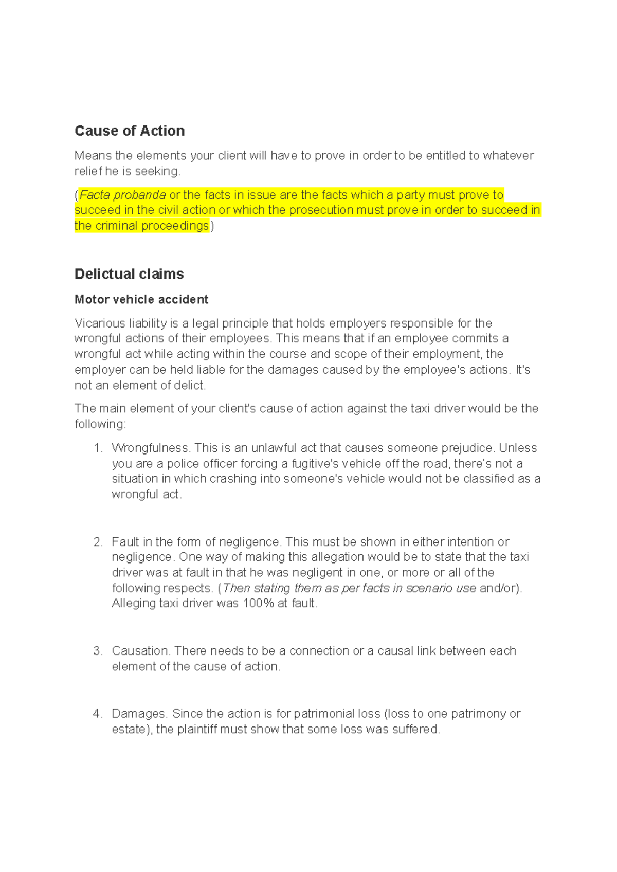 Legal Principles of Cause of Action in Delictual Claims (LAW 101) - Studocu