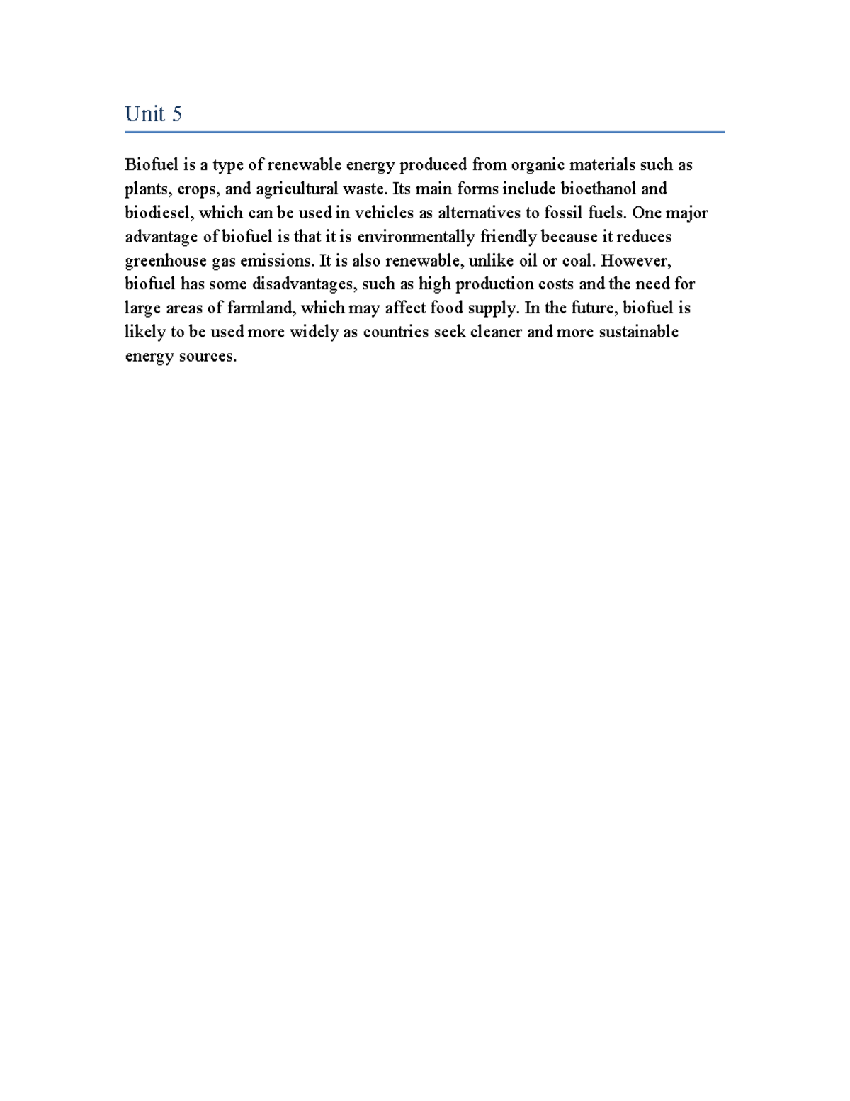 Unit 5 - Biofuels: Renewable Energy Sources and Their Impact - Studocu
