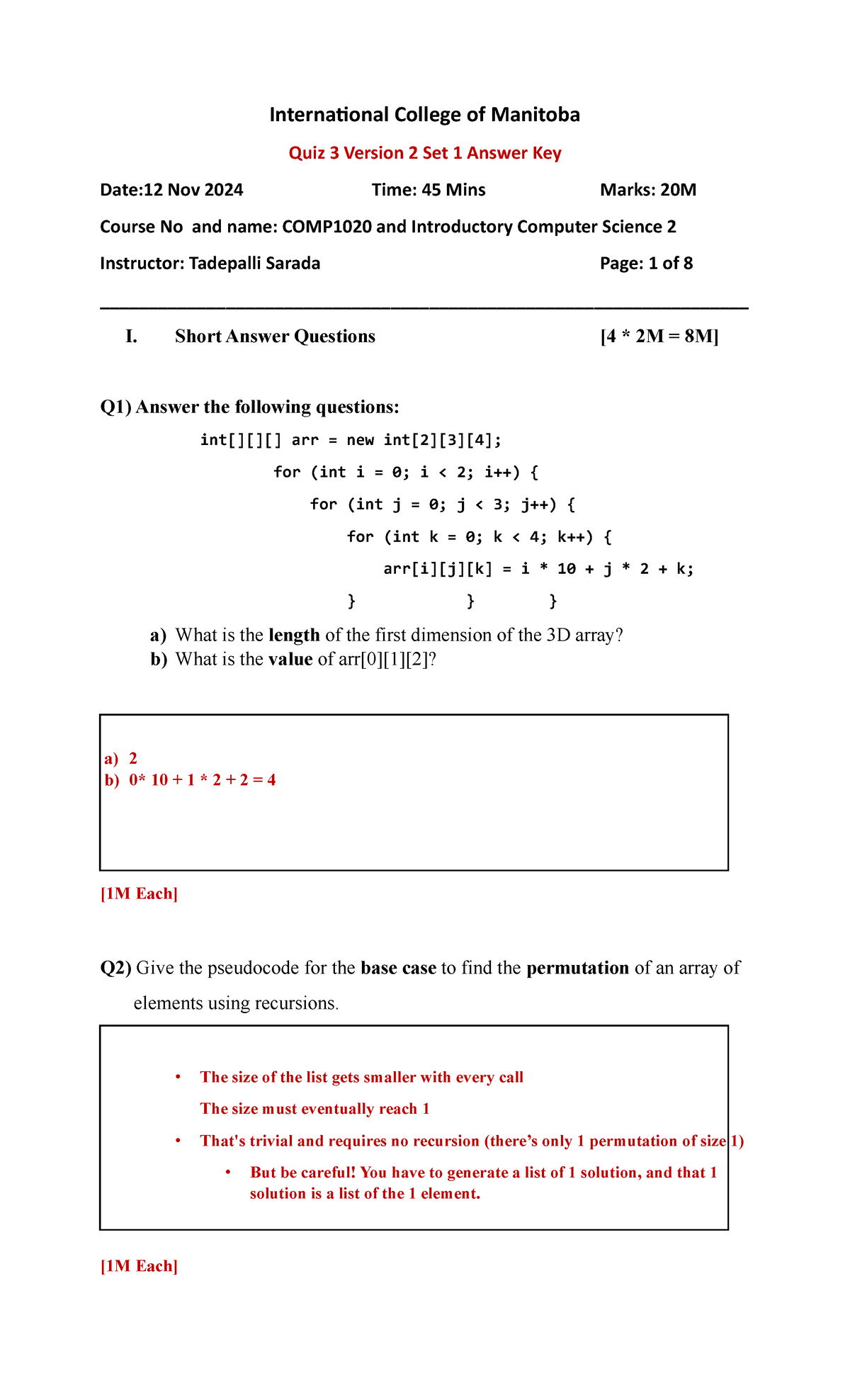 COMP1020 Quiz 3 V2 Set 1 Answer Key - Intro to Computer Science - Studocu