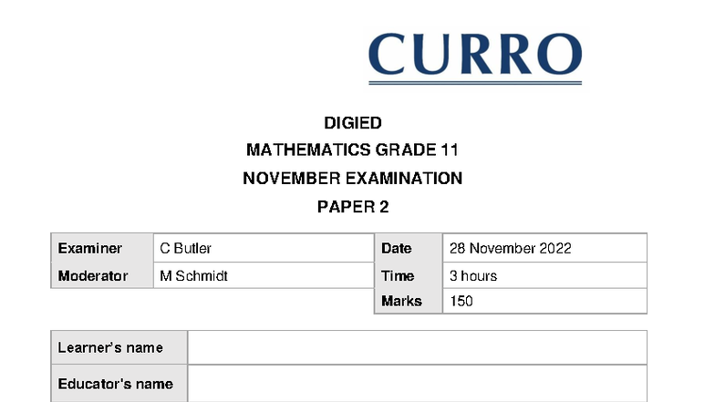 Grade 11 Mathematics P2 November 2022 Exam Paper - Studocu