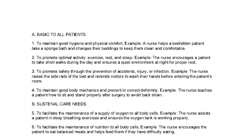Nursing Care Needs Examples: Basic, Sustenance, and Remedial Care - Studocu