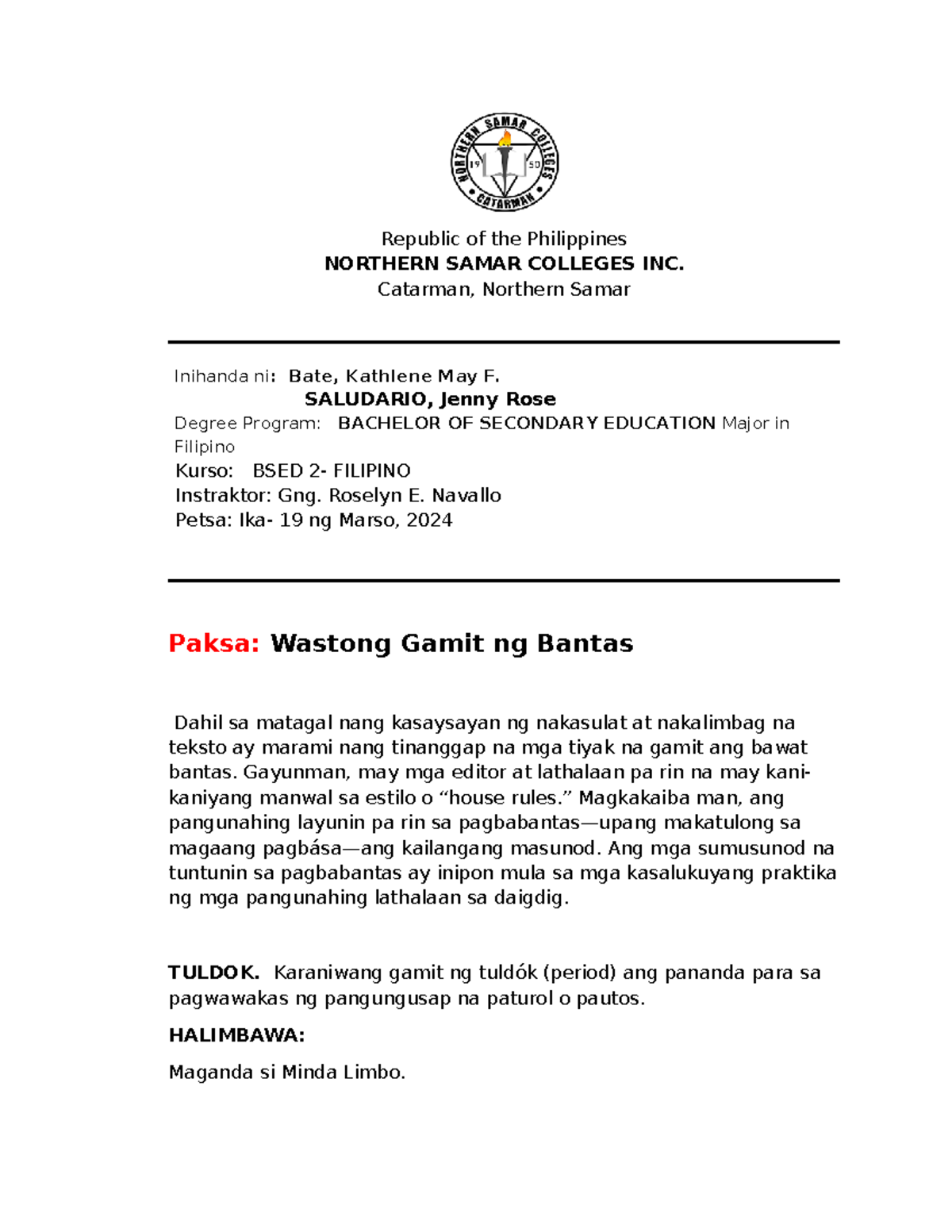 Paggamit ng Bantas sa Filipino: Mga Tuntunin at Halimbawa (BSED FILIPINO) - Studocu
