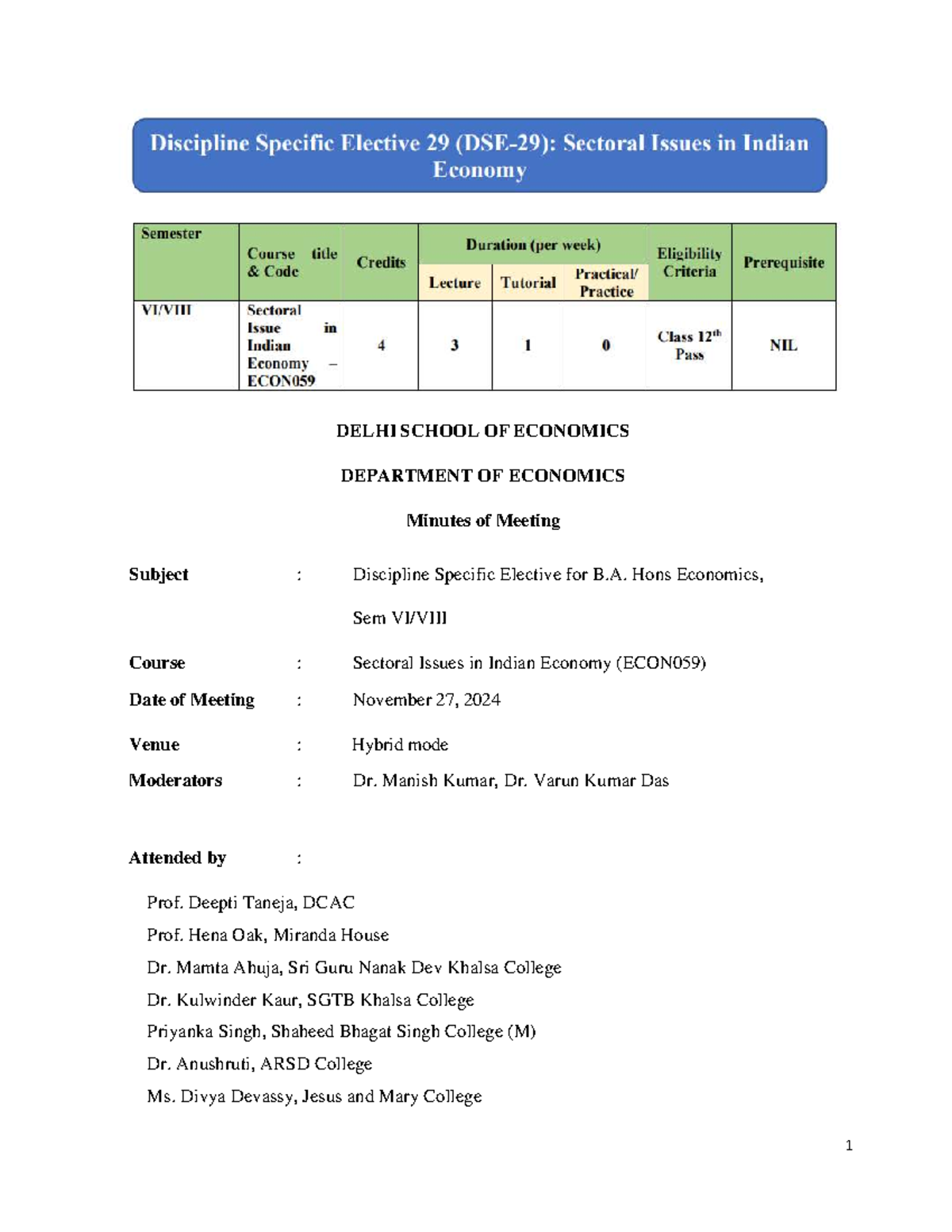 Minutes of Meeting: Discipline Specific Elective for B.A. Hons (ECON059 ...