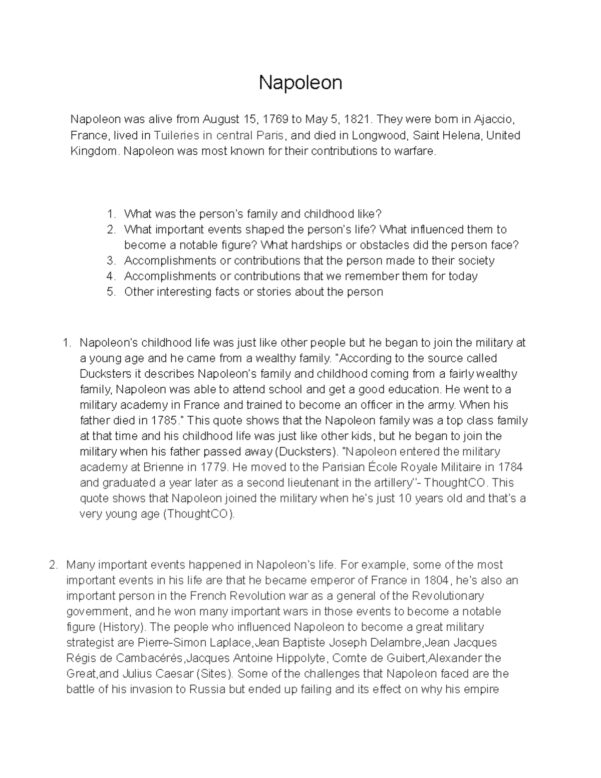 Vy Le - Ender's Game Pre-Reading Project - Napoleon Napoleon was alive ...