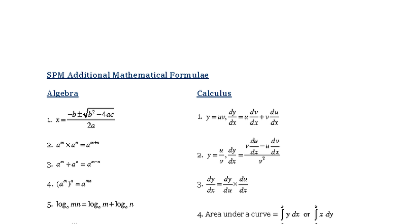 SPM Additional Math Formulae for Algebra & Geometry - Studocu