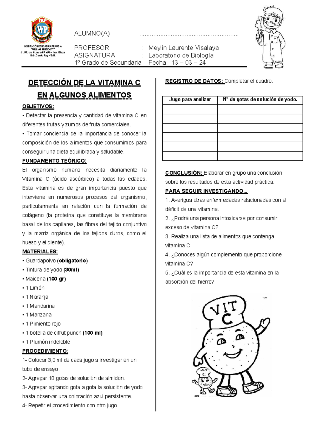 Práctica de Laboratorio: Detección de Vitamina C - 1ro Sec. - Studocu