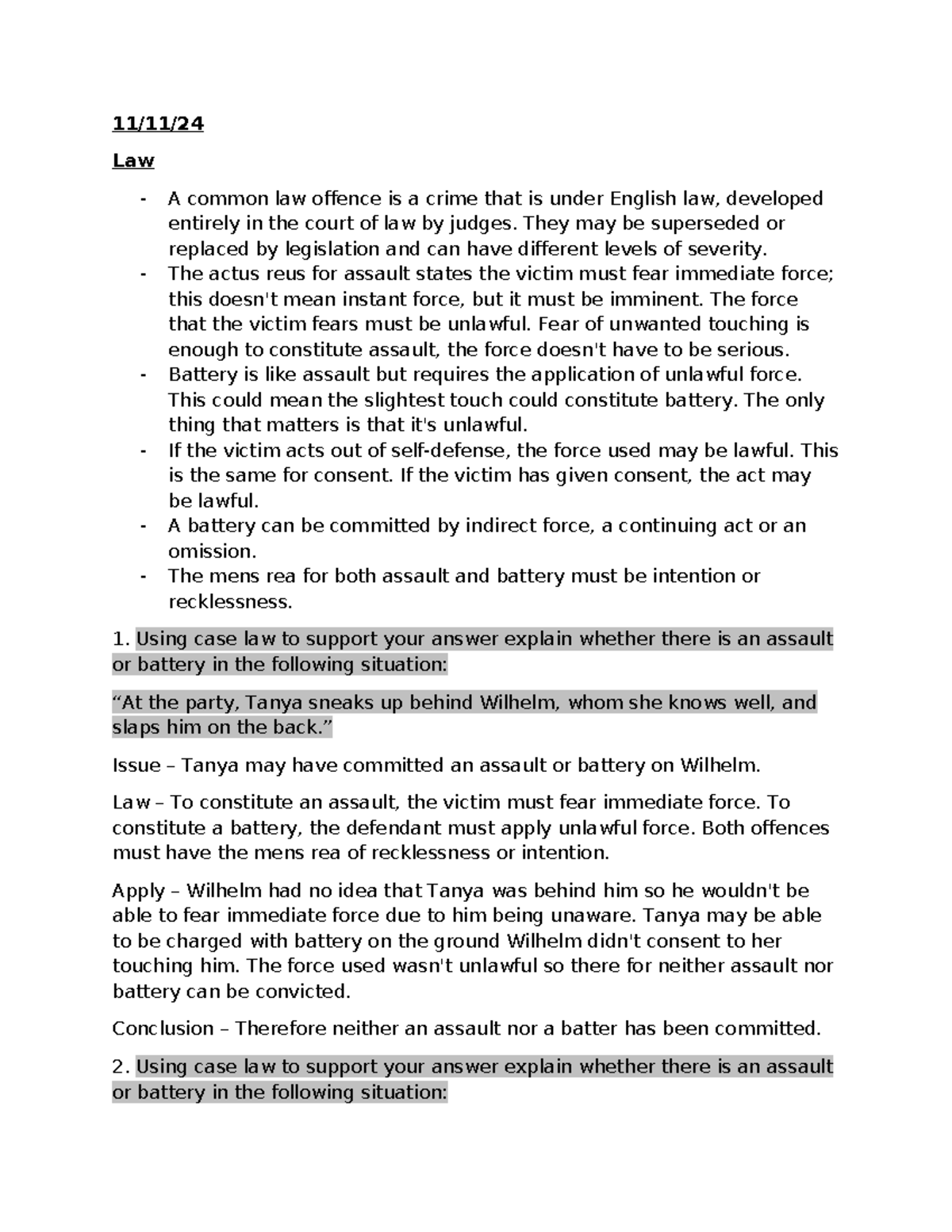 Common law, Assault, Battery - 11/11/ Law - A common law offence is a ...