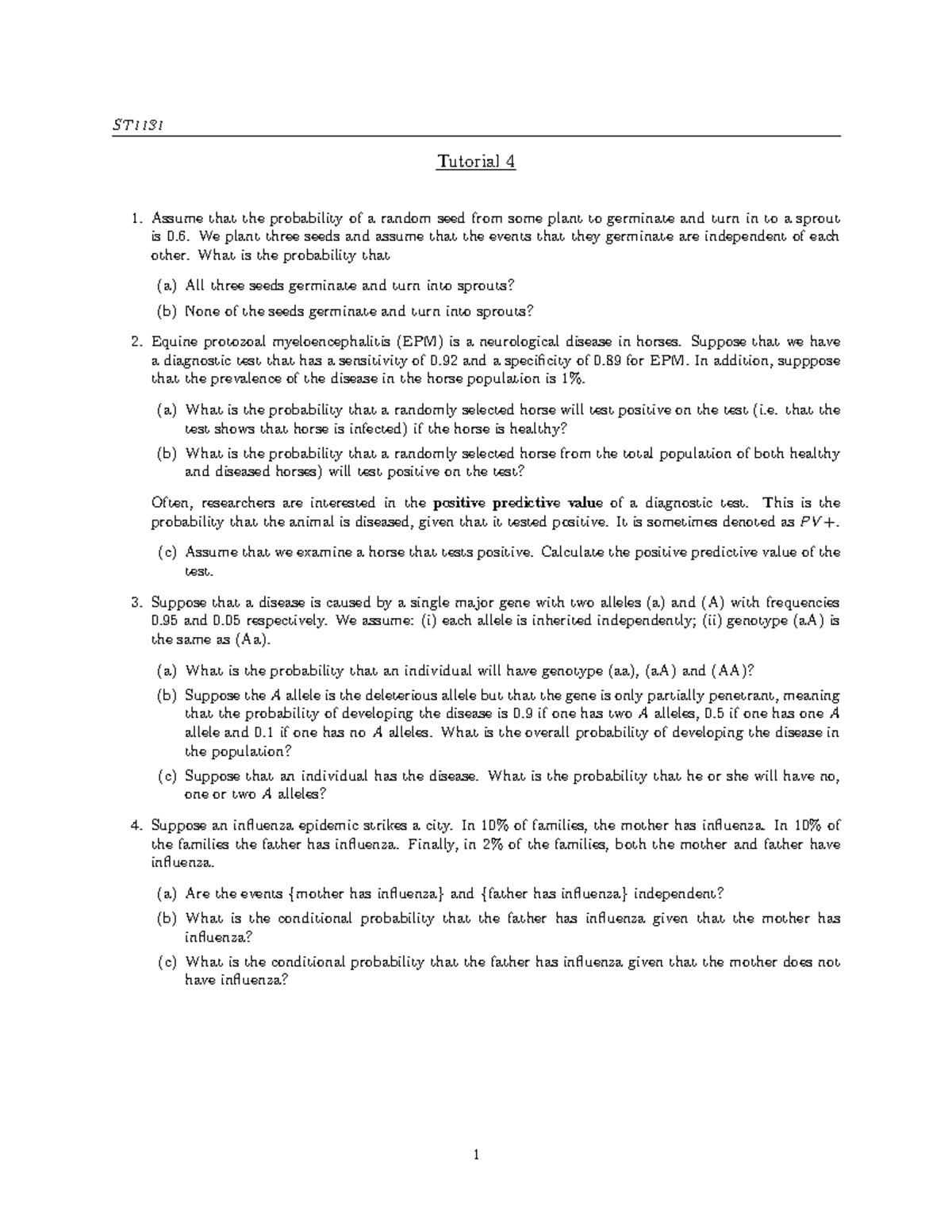 ST1131 Tutorial 04: Probability and Disease Analysis Questions - Studocu