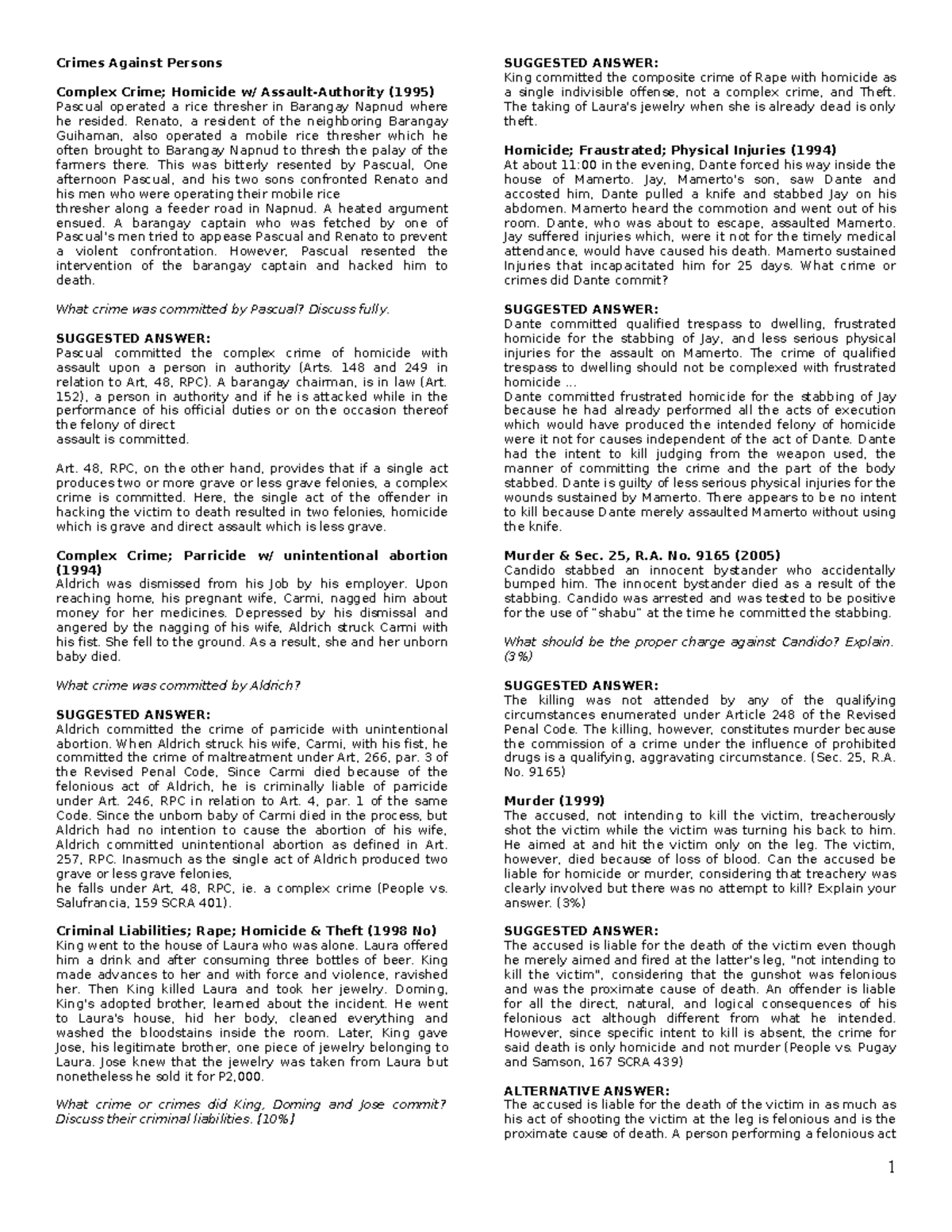 CRIMINAL LAW - Case Studies on Homicide, Murder, and Assault - Studocu